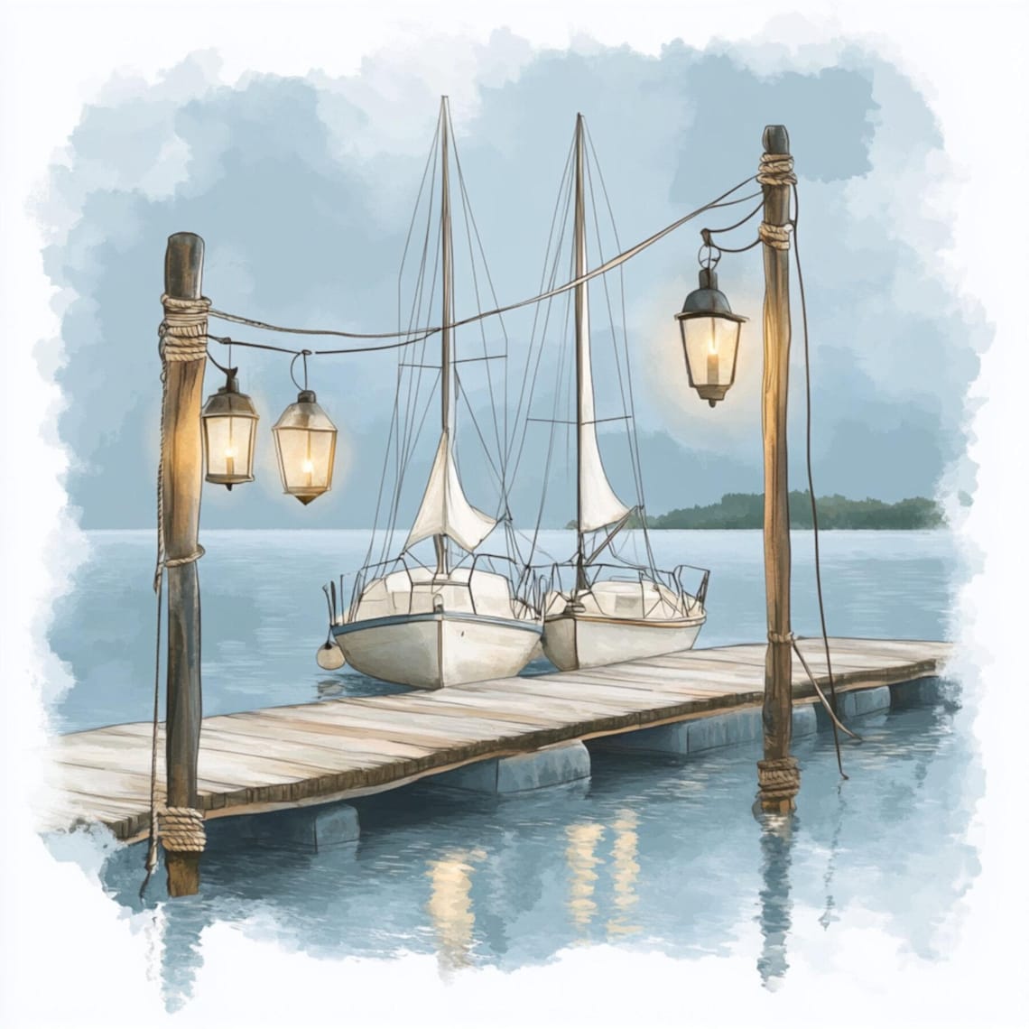 Dock Scene, Sailboat Art, Cozy Marina, Seaside Dock, Watercolor Pier ...