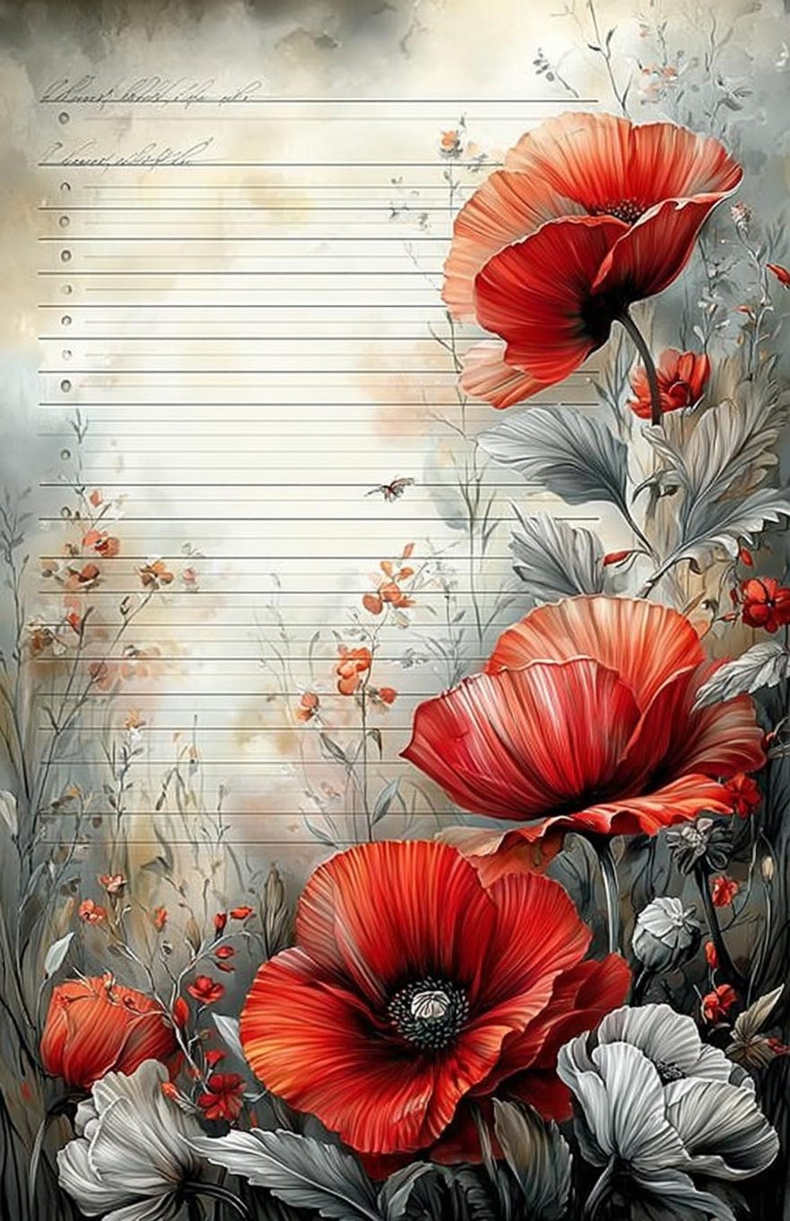 Red Poppy, Flower Pages, Floral Journal, Vintage Stationery, Poppy ...