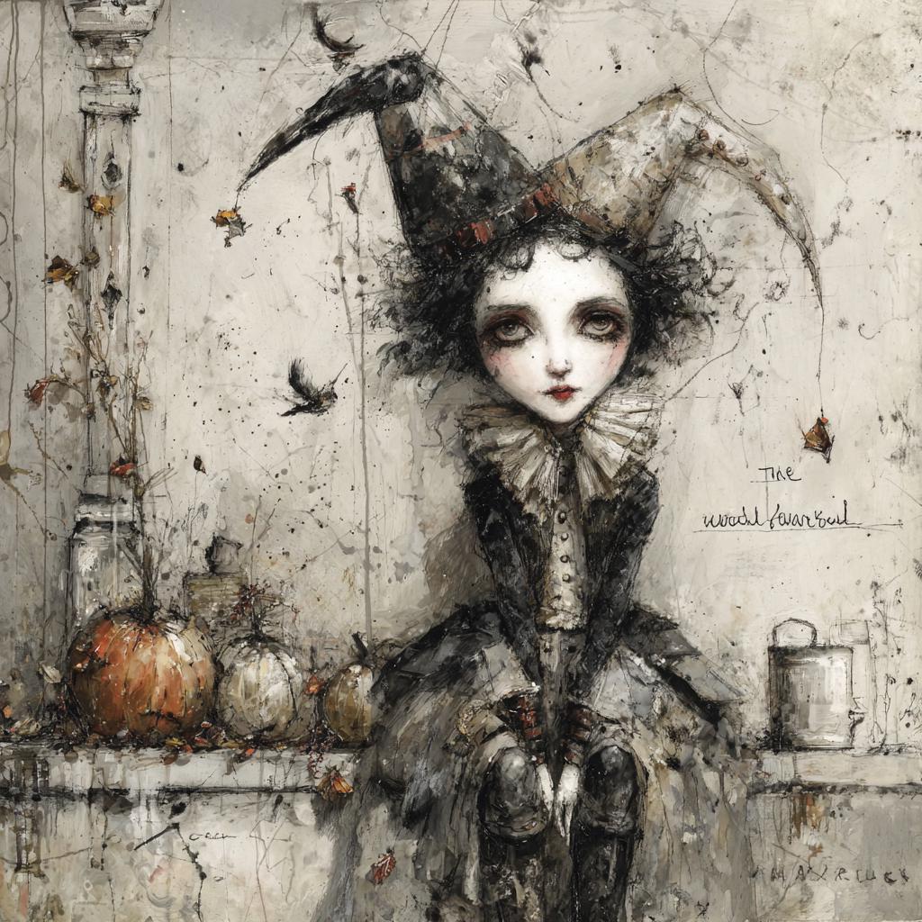 Autumn Jester, Gothic Harlequin, Tarot Girl, Fall Pumpkin, Moody Doll ...