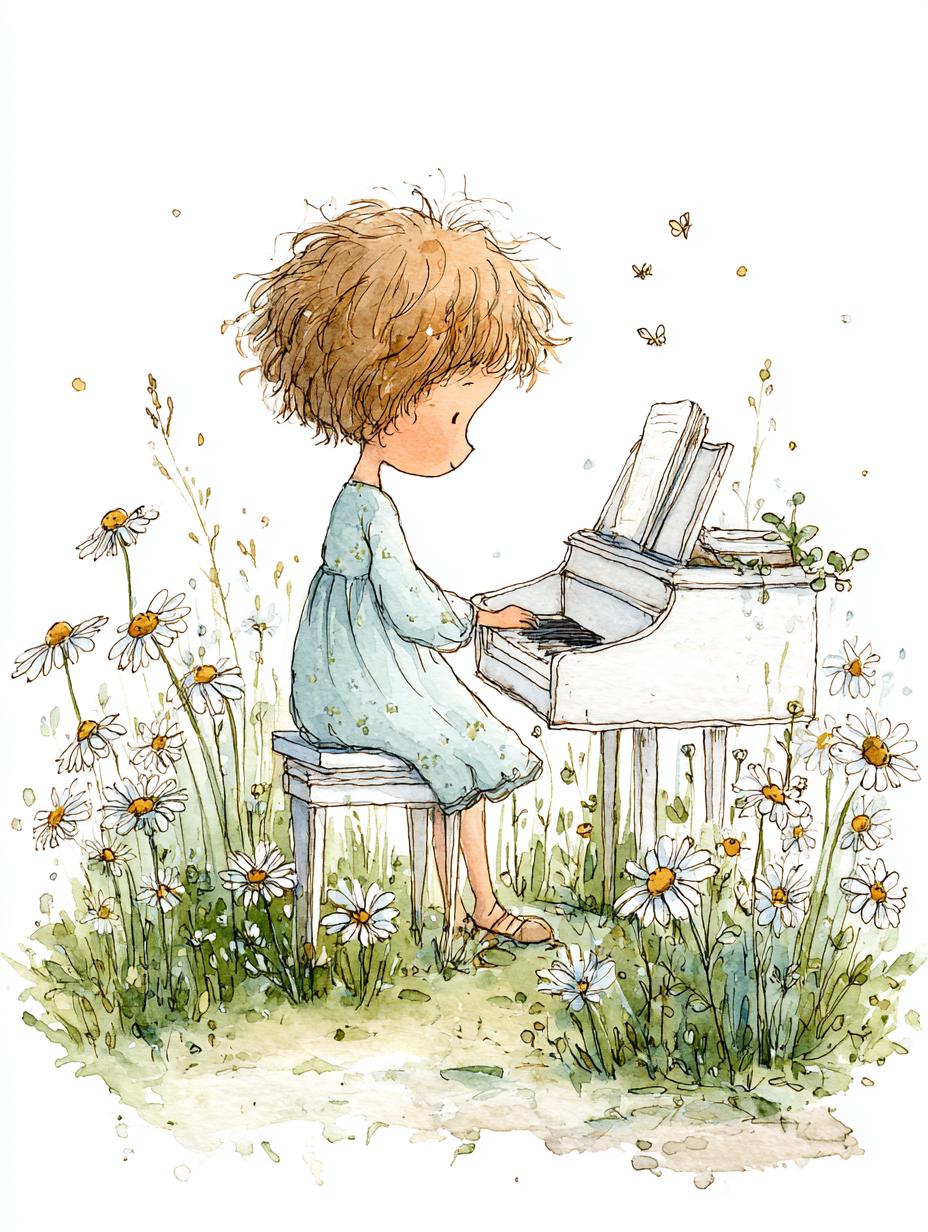 Tiny Piano, Child Art, Daisy Field, Garden Music, Cute Illustration ...