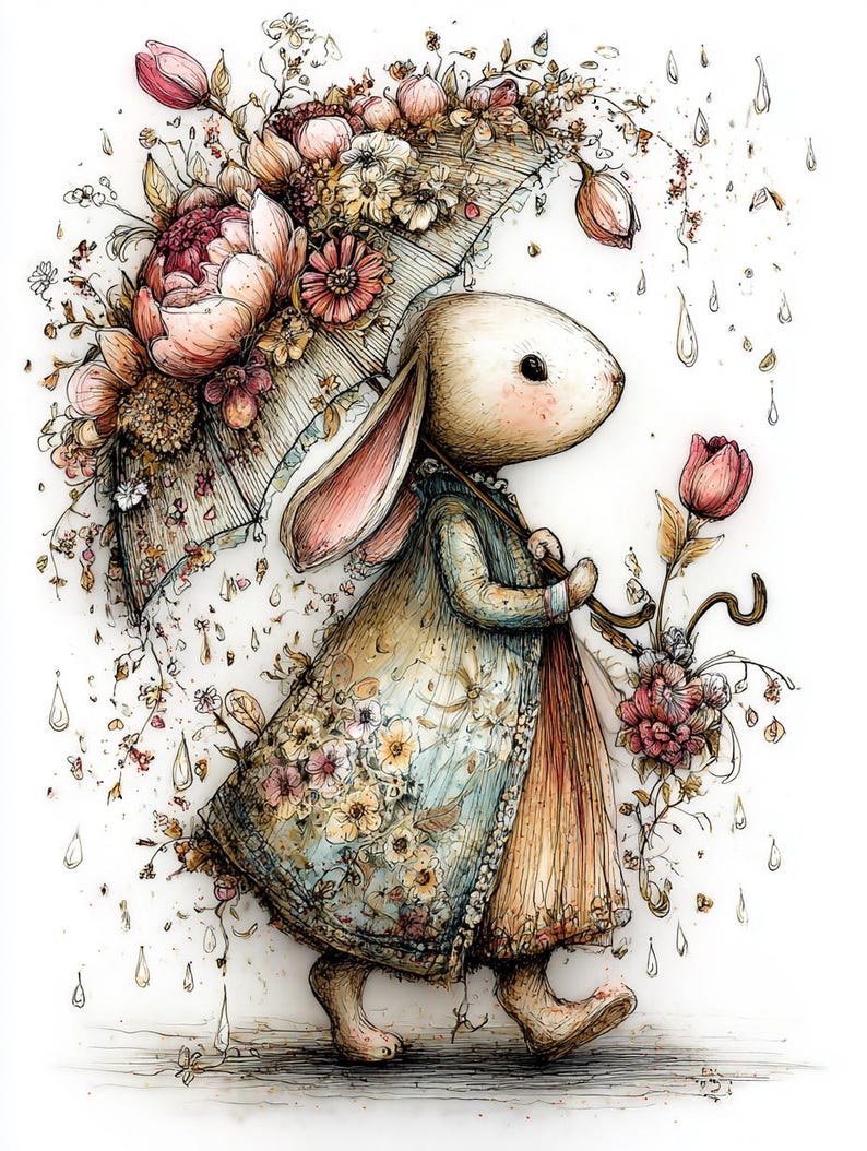Rainy Day Bunny Clipart, Floral Umbrella Rabbit Art, Whimsical Spring ...
