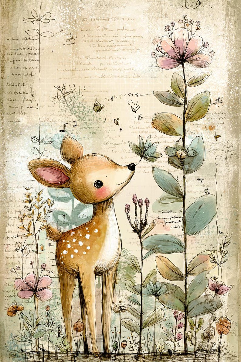 Baby Deer, Woodland Art, Fawn Flowers, Forest Animal, Vintage Print ...