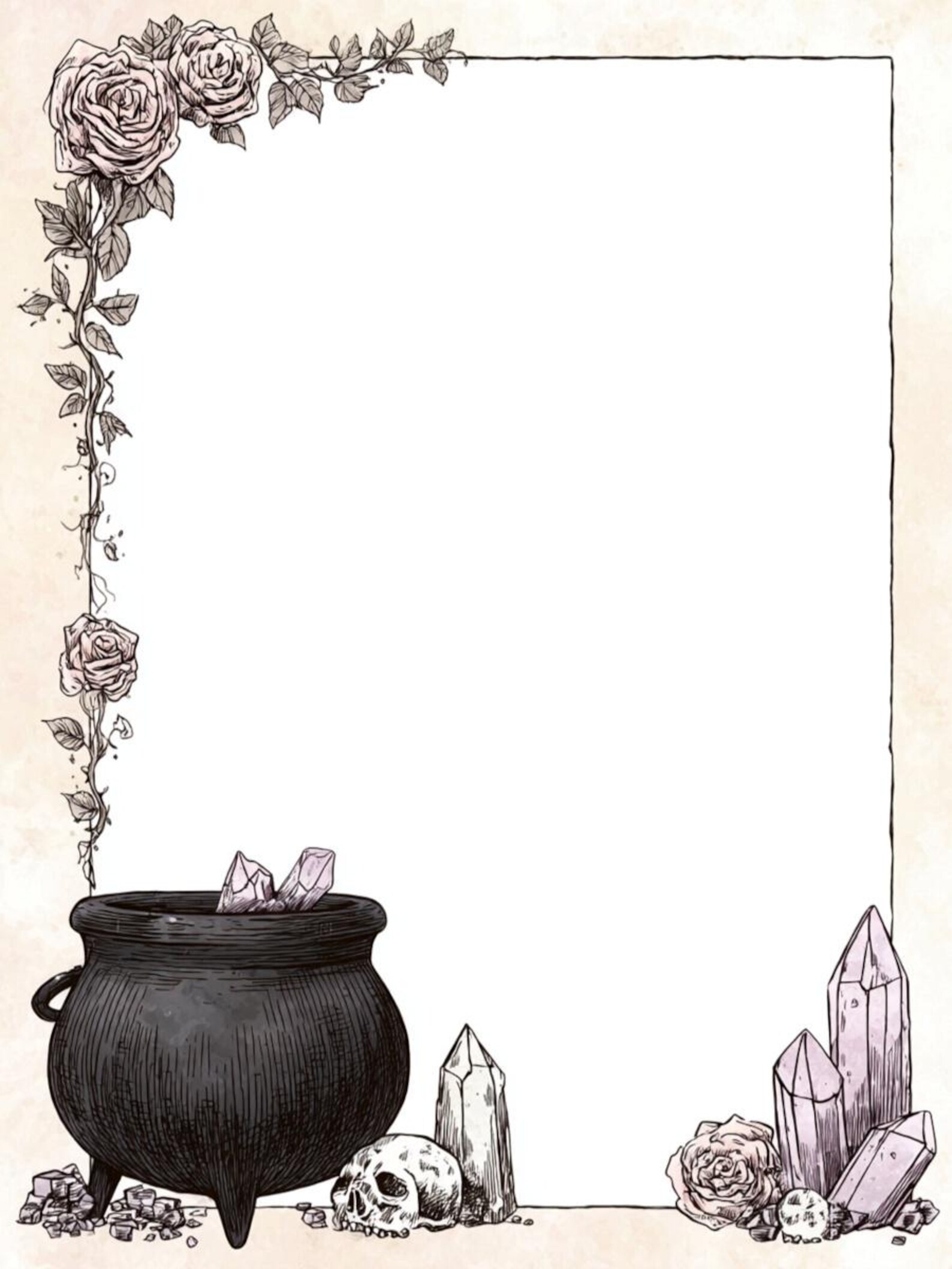 Witchy Paper, Spell Page, Crystal Border, Cauldron Art, Skull Paper ...