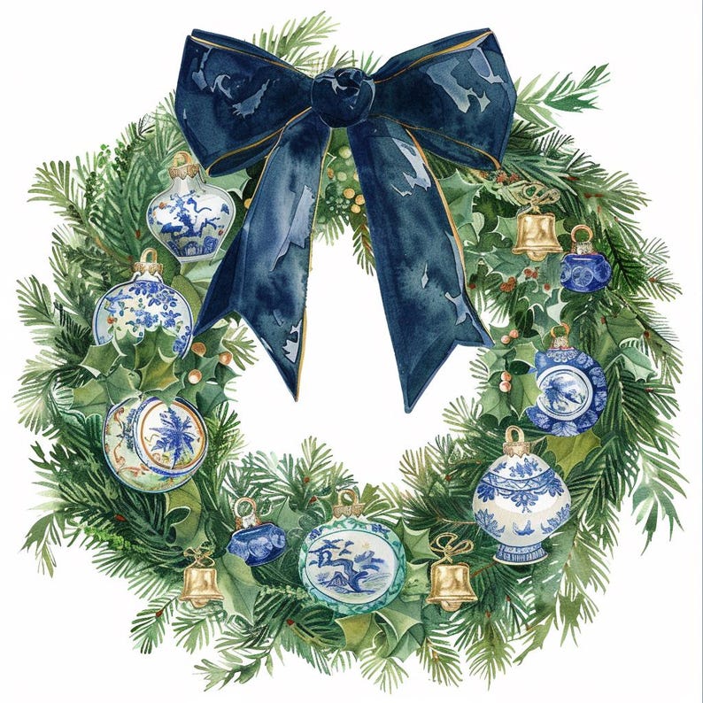 Blue Christmas, Festive Wreath, Holiday Decor, Chinoiserie, Navy Bow ...