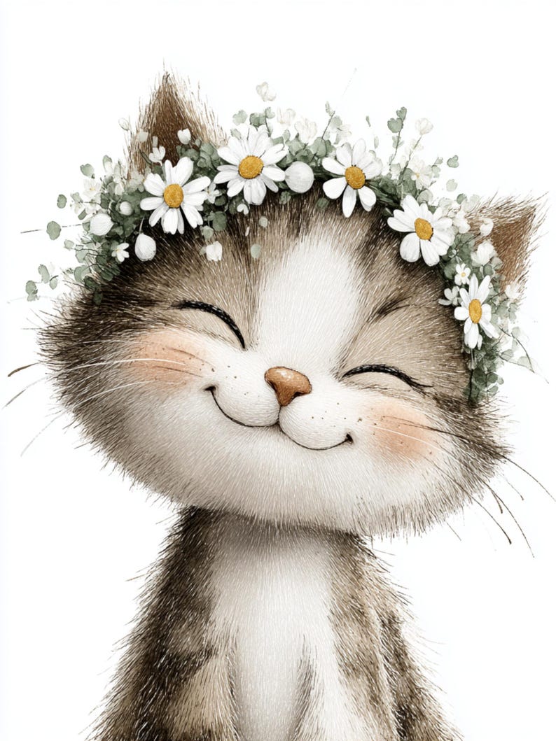 Daisy Meow, Cute Cat Art, Kitten Clipart, Floral Crown Cat, Smiling ...