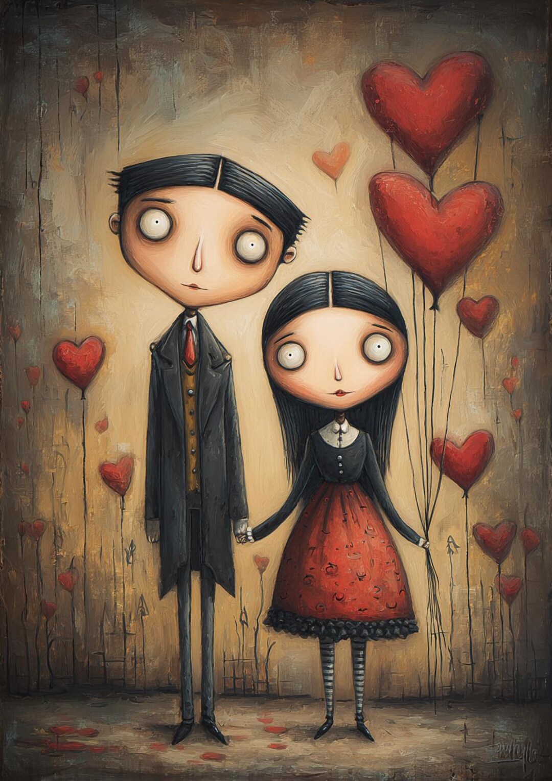 Gothic Couple, Dark Romance, Quirky Love, Heart Balloons, Odd Art Style ...