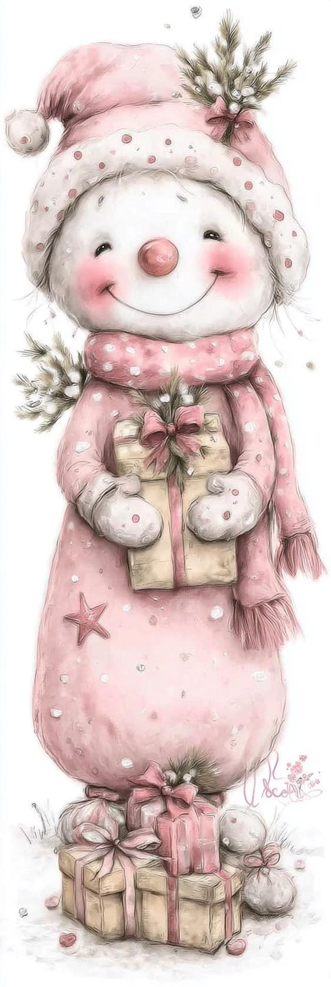 Whimsical Pink Snowman PNG Set, Cute Christmas Snowmen With Gifts and ...