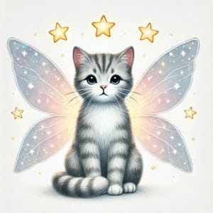 Whimsical Cat Fairy, Watercolor Illustration, Magical Wings, Cute ...