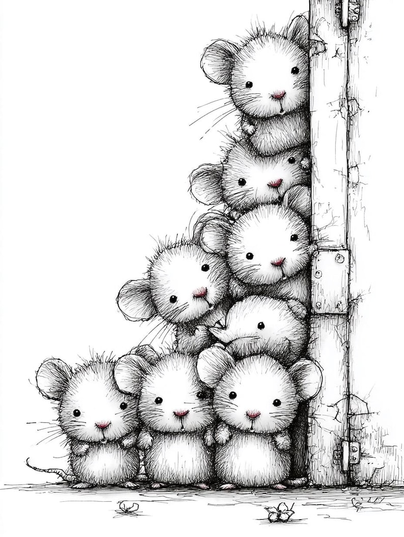 Whimsical Mouse PNG Set, Cute Peeking Mice Line Art, Hand-drawn Sketch ...