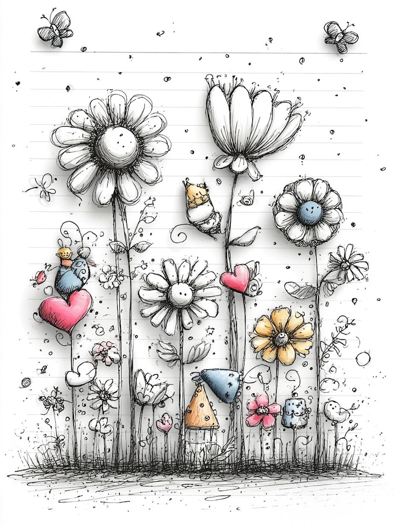 Whimsical Garden Floral CLIPART, Hand Drawn Flowers and Butterflies ...