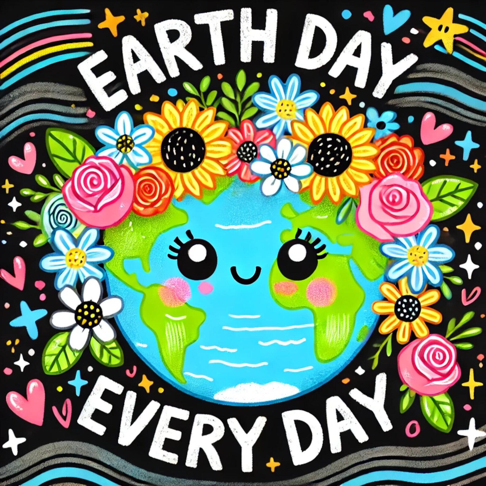 Earth Day 2025, Cute Planet Art, Happy Earth Clipart, Eco Kawaii Design ...