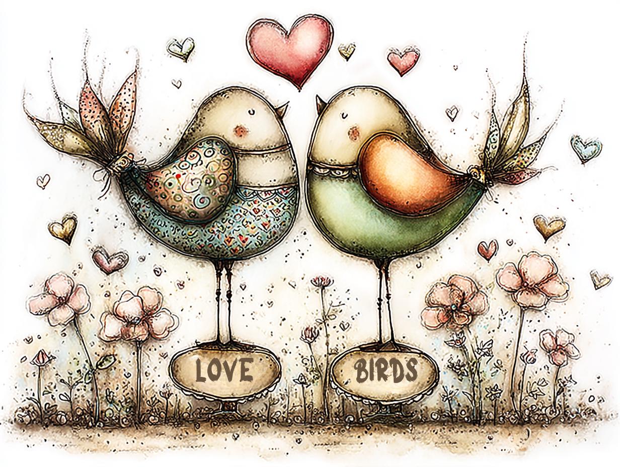 Love Birds CLIPART, Whimsical Ink and Watercolor Birds, Romantic Folk ...