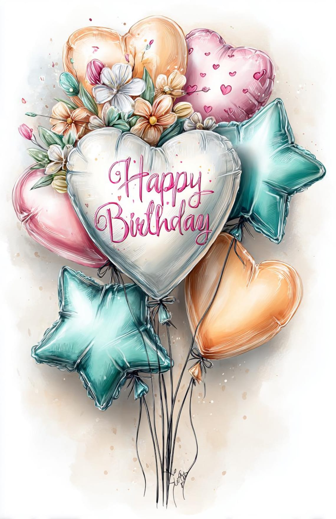 Pastel Birthday Balloons CLIPART, Heart and Star Balloons, Soft ...