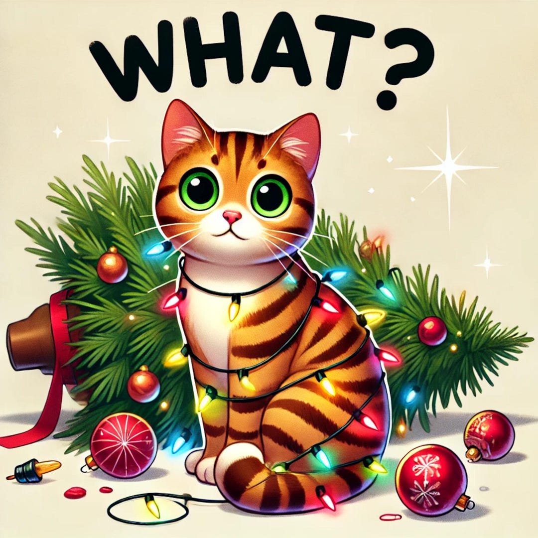WHAT, Naughty Cat, Comical Cat, Christmas Tree Fail, Whimsical Cat - 12 ...