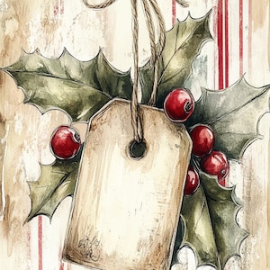 Rustic Christmas Tag PNG Set, Vintage Holly and Berry Clipart, Aged ...