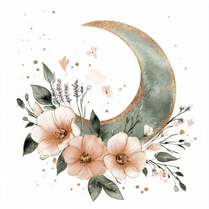 Moon Clipart, Floral Moon, Crescent Art, Boho Moon, Watercolor Moon ...