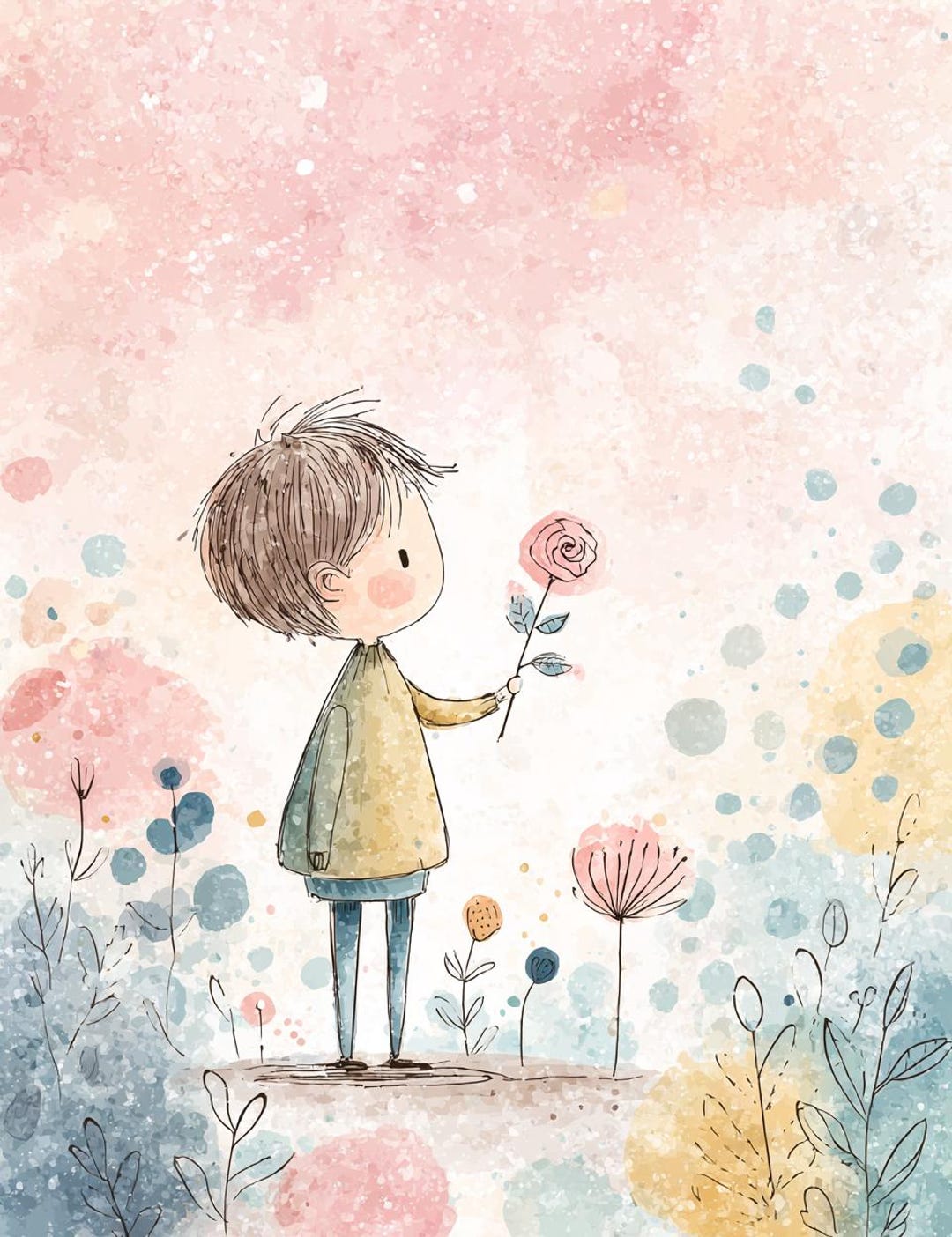 Flower Boy Art, Pastel Wall Art, Kids With Flower, Pink Gift Print ...