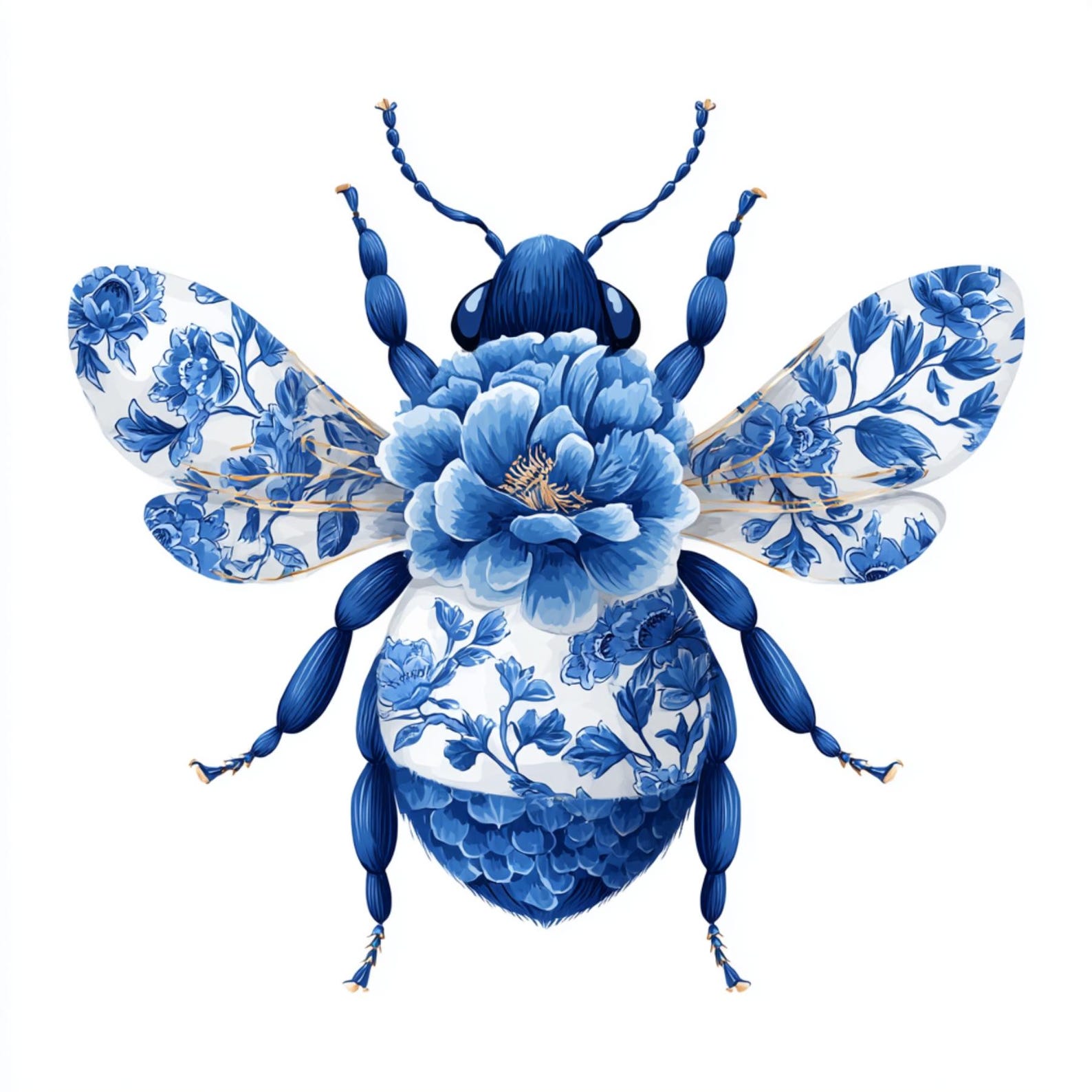 Chinoiserie Bee, Floral Bee Design, Porcelain Bee, Indigo Bee Print ...