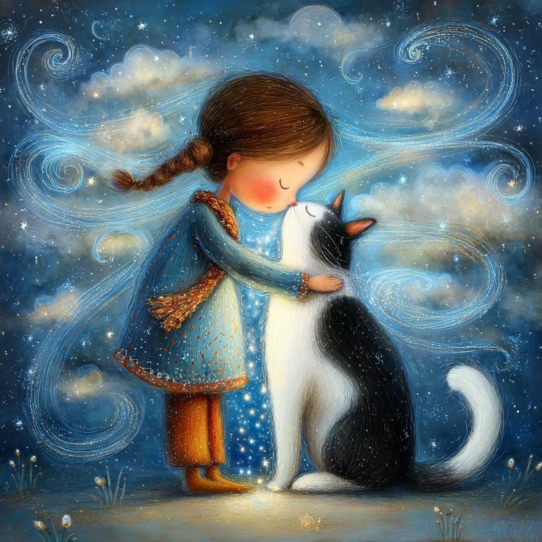 Whimsical Girl and Cat CLIPART, Dreamy Night Sky Illustration ...