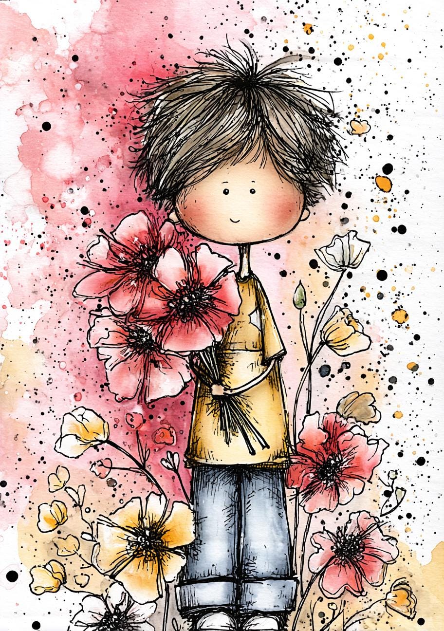 Watercolor Boy, Cute Boy Art, Child Holding Flowers, Spring Bloom ...