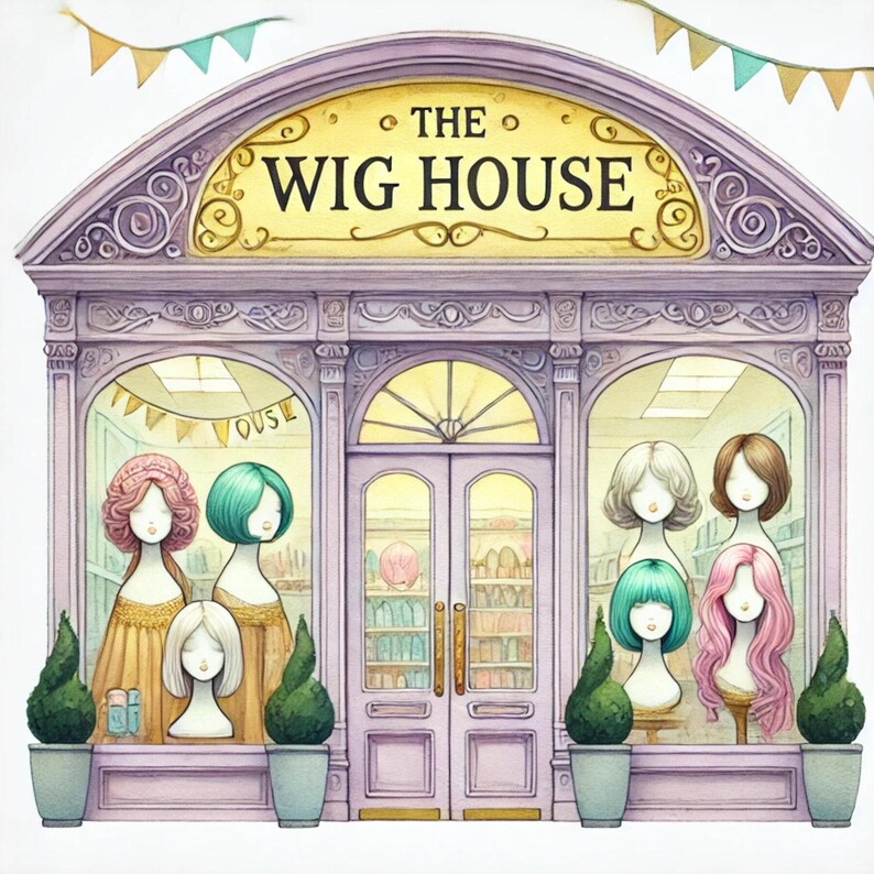 The Wig Store, Wig Shop Clipart, Boutique Store Art, Pastel Storefronts ...