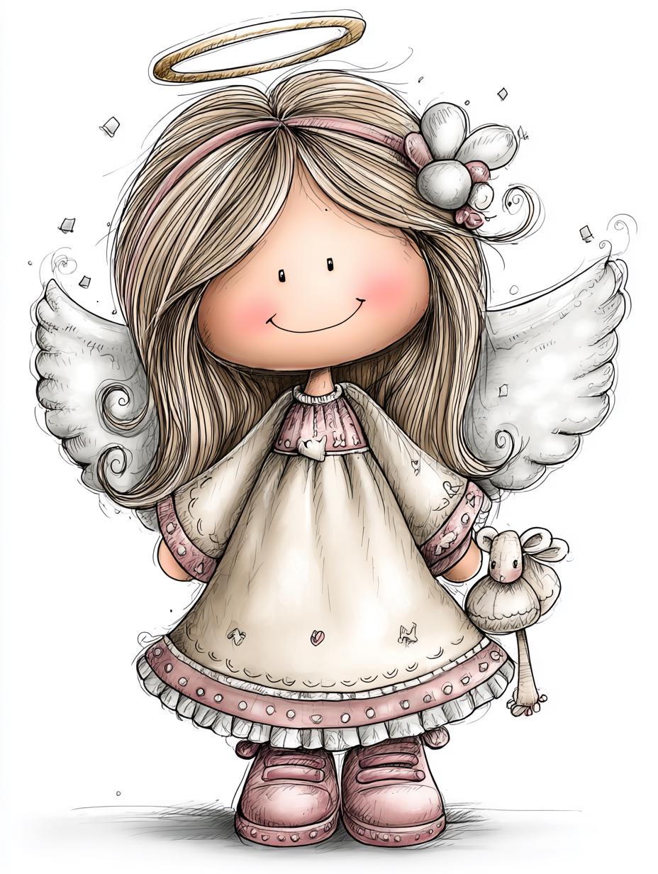 Sweet Angel Illustration, Gentle Pastel Angel With Halo and Stars ...