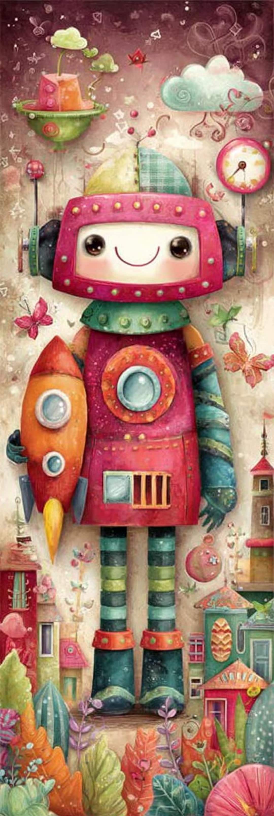 Whimsical Space Kids and Robots, Colorful Astronaut Girl, Rocket Robot ...