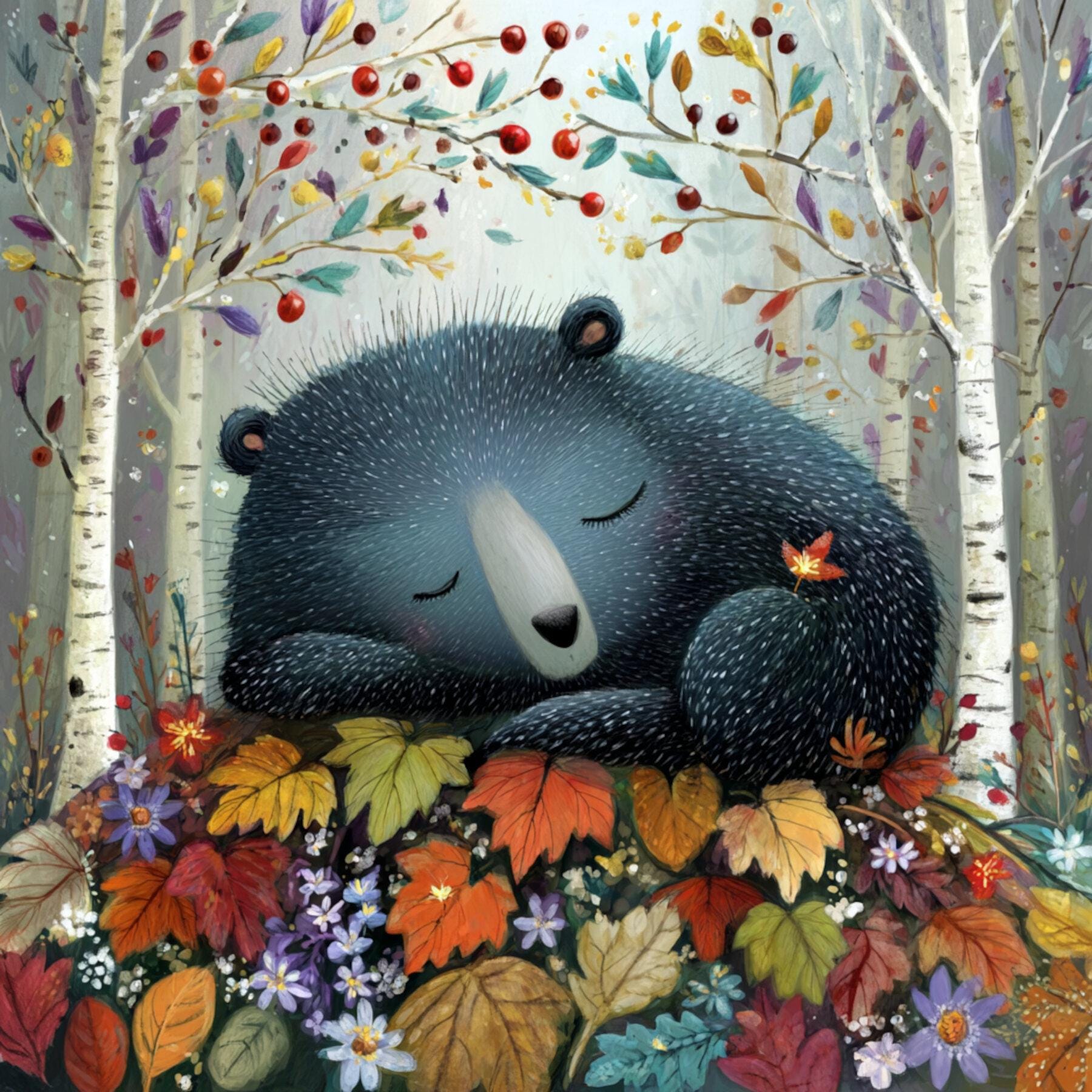 Sleepy Bear, Forest Bear, Autumn Bear, Cozy Animal Art, Nighttime Bear ...