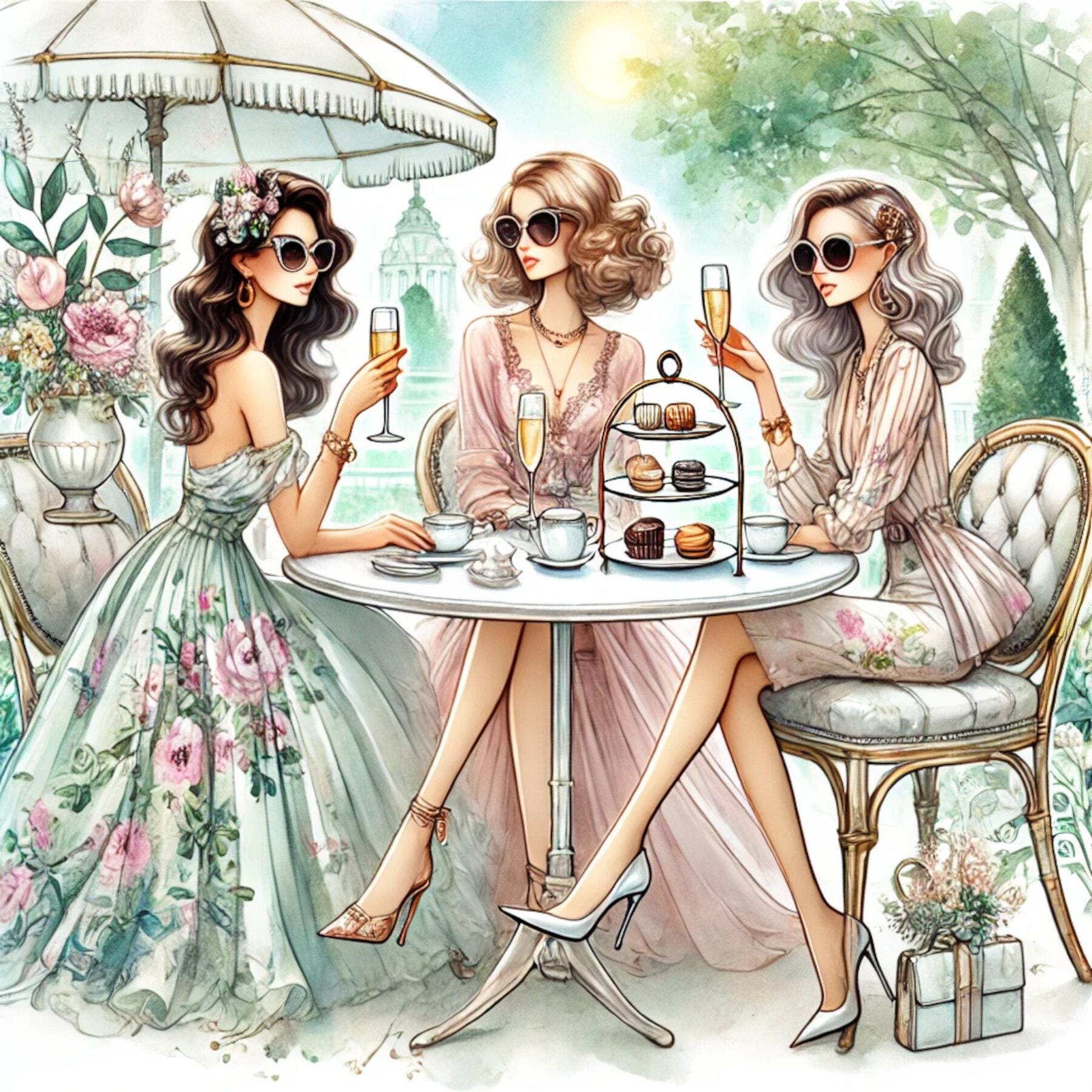 Ladies Who Lunch, Café Scene Illustration, Watercolor Ladies Art, Chic ...
