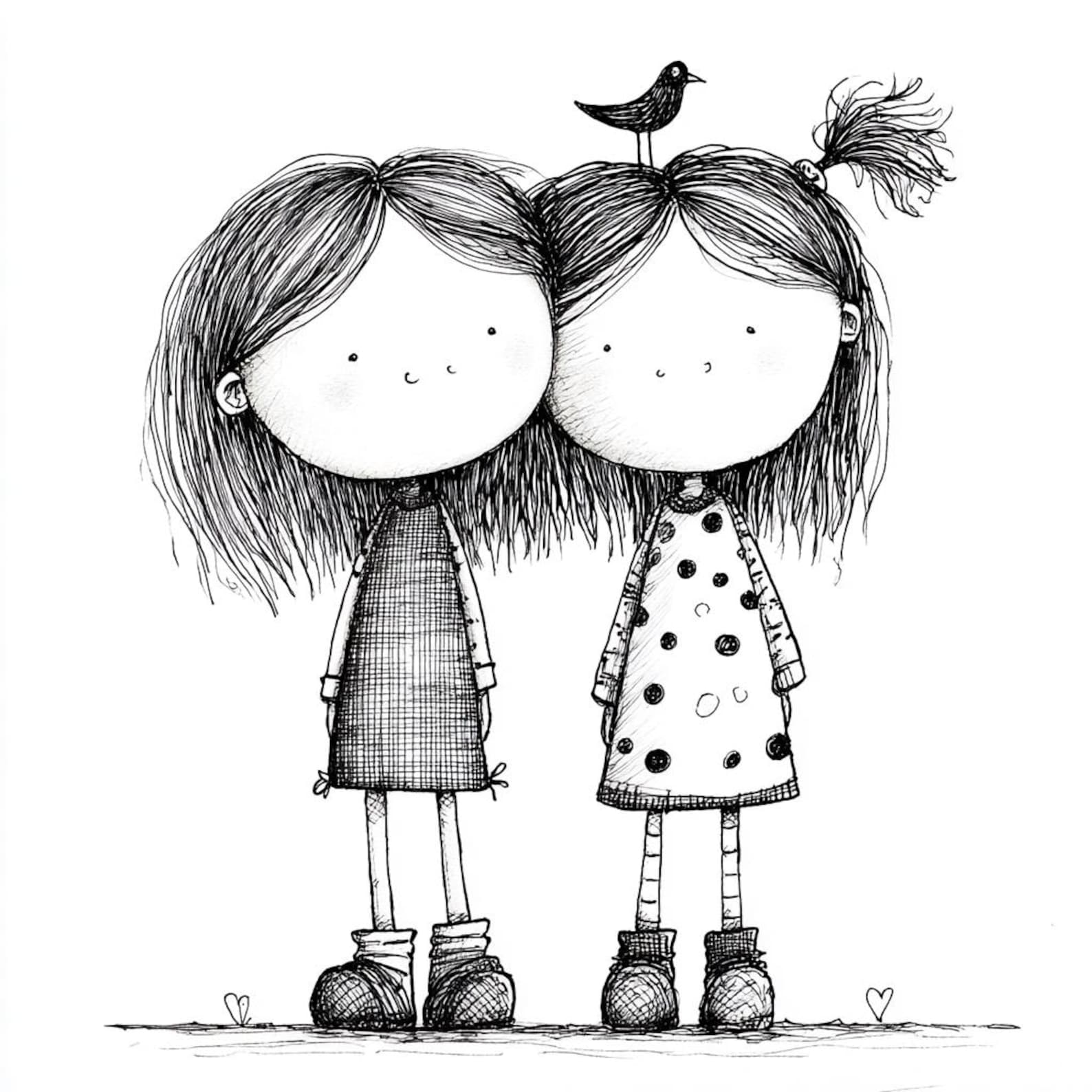 Best Friends PNG Set, Whimsical Hand-drawn Girls Clipart, Black and ...