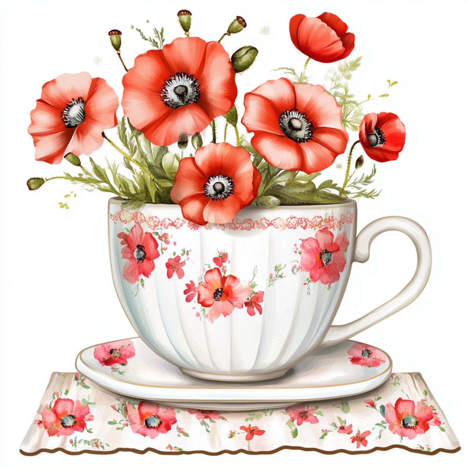 Poppy Teacup Art, Floral Cup Print, Vintage Flower Mug, Poppy Bouquet ...