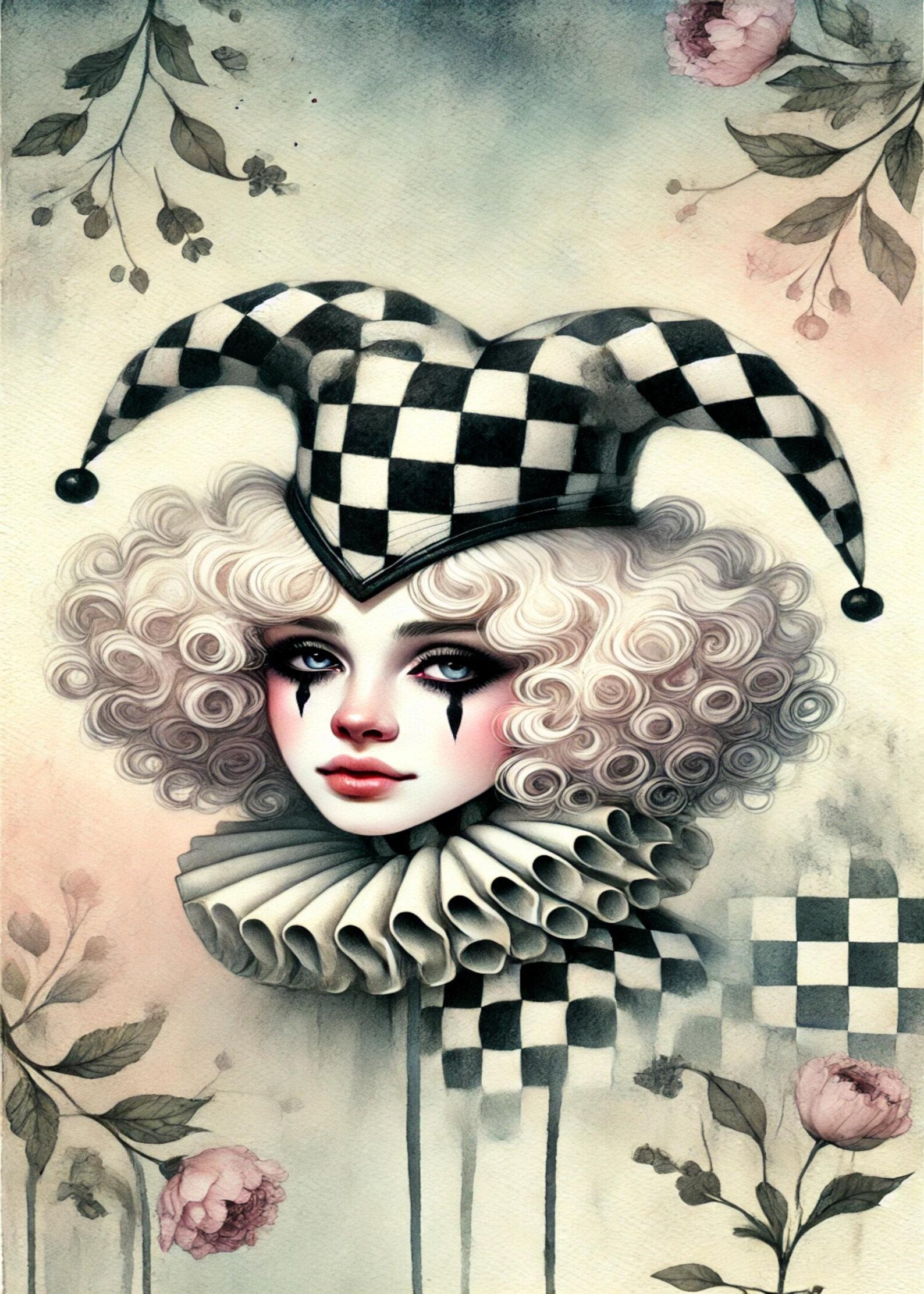 Harlequin, Whimsical Harlequin, Watercolour Art, Checkerboard Theme ...
