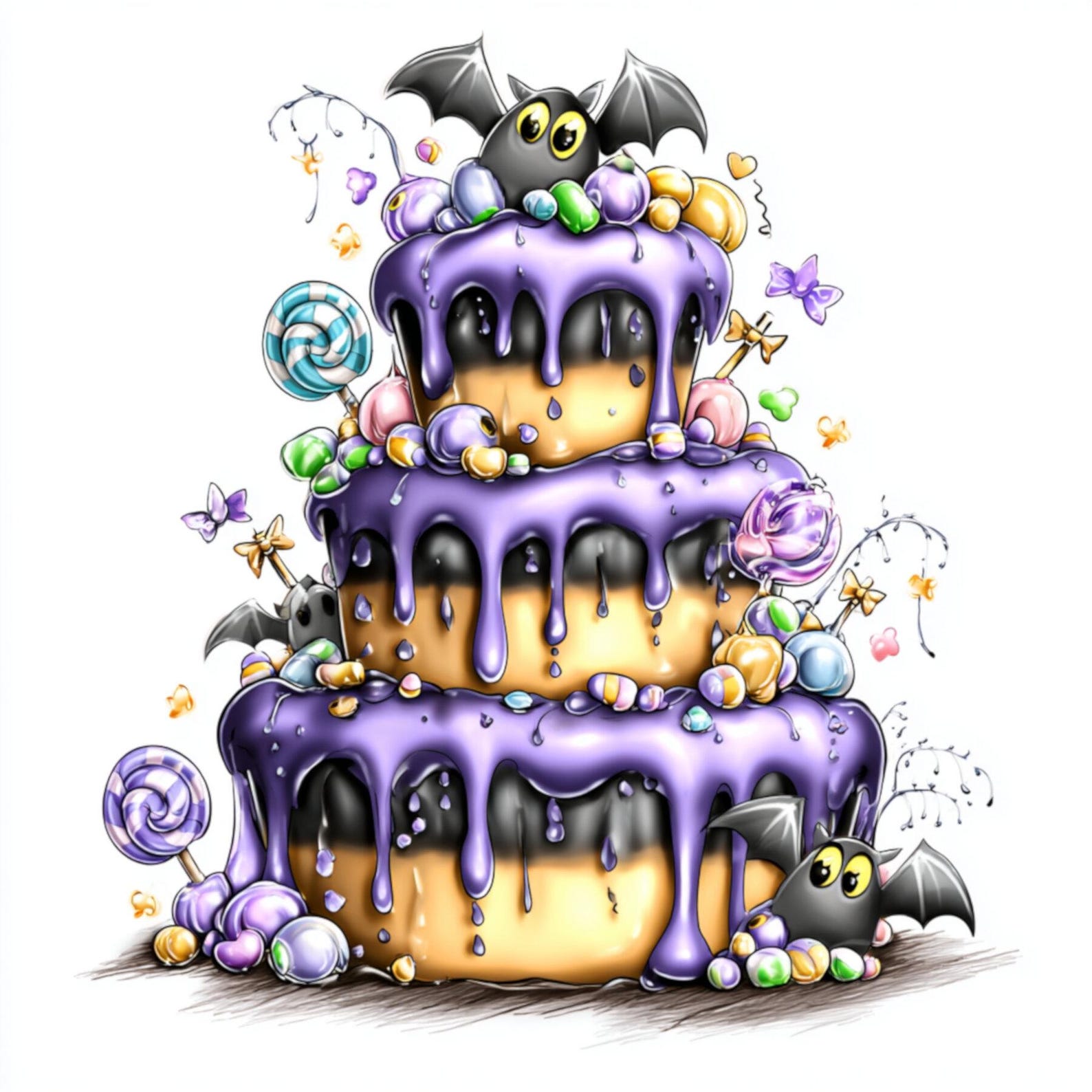 Halloween Cake, Bat Cake, Cute Halloween, Purple Drip Cake, Kawaii Bats ...