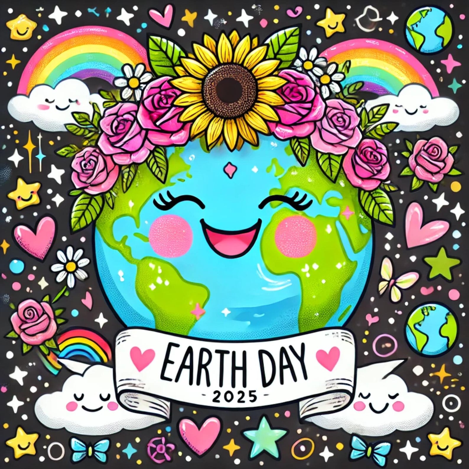Earth Day 2025, Cute Planet Art, Happy Earth Clipart, Eco Kawaii Design ...