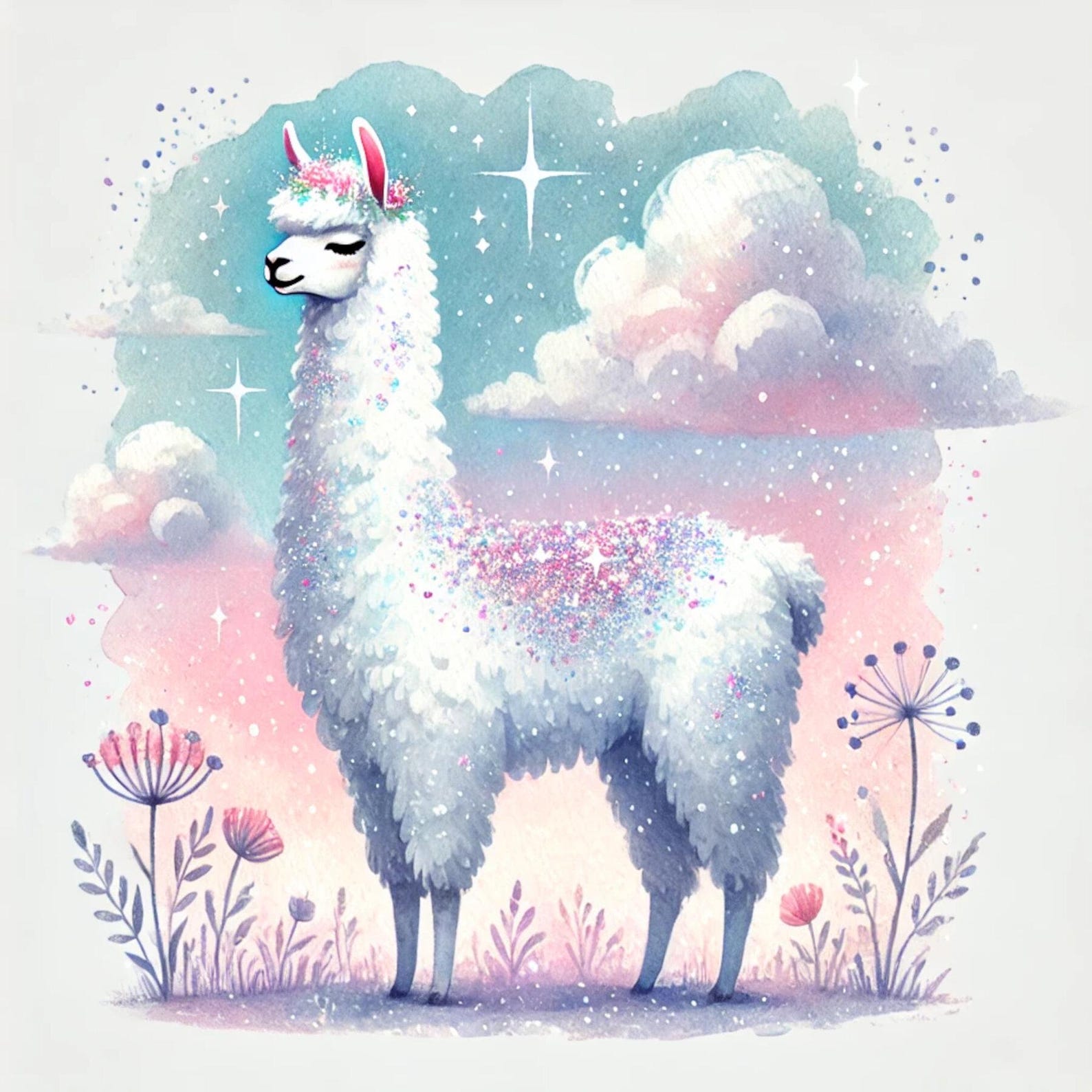 Glitter Llama, Whimsical Llama, Watercolor Llama, Cute Llama Art ...