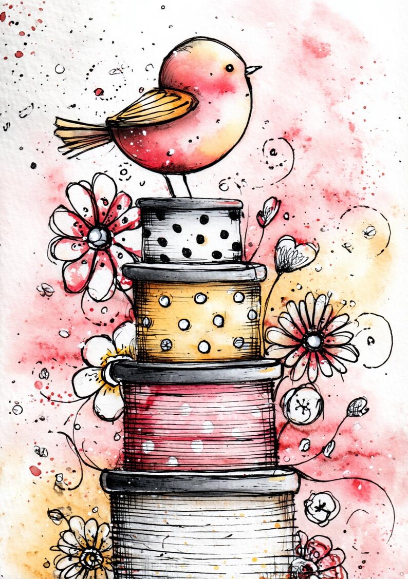 Whimsical Bird, Cute Sparrow Art, Spool Stack, Sewing Decor, Polka Dot ...