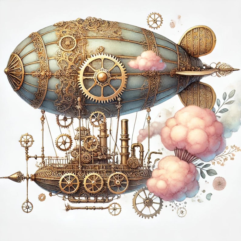 Steampunk Airship, Whimsical Design, Watercolor Art, Minimalist Style ...