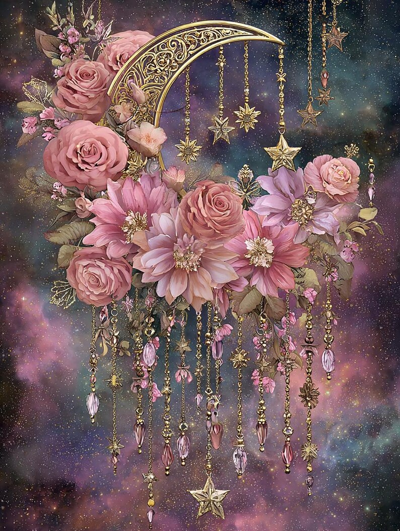 Celestial Moon CLIPART, Ornate Lunar Frame With Pink Florals, Starry ...