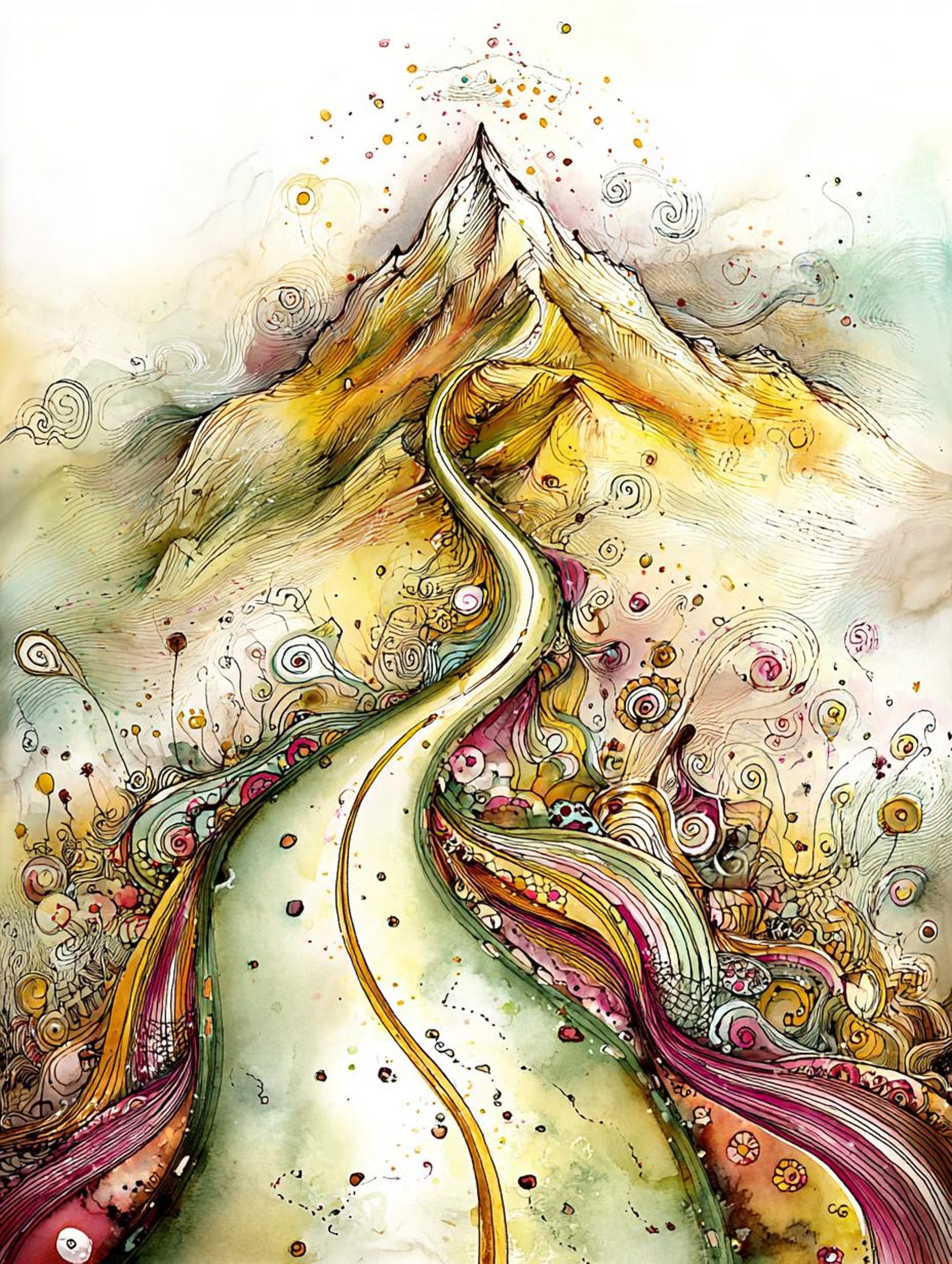 Dream Mountain Road Clipart, Whimsical Landscape Art, Curved Road ...