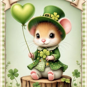 St Patricks Day Mouse, Cute Mouse Clipart, Lucky Clover, Whimsical ...