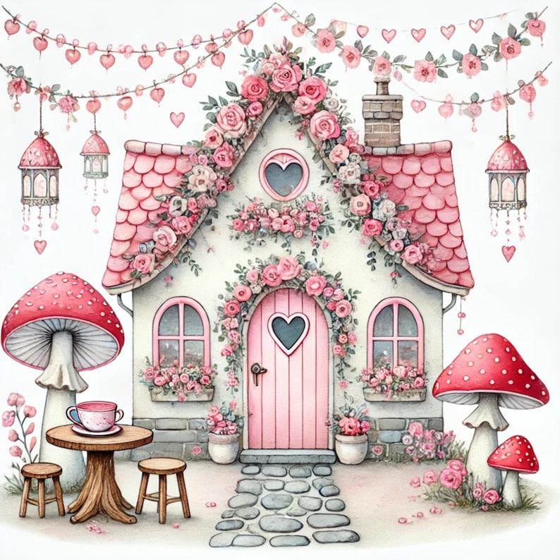Little Love Cottage, Whimsical Cottage, Fairy Tale Home, Watercolour ...