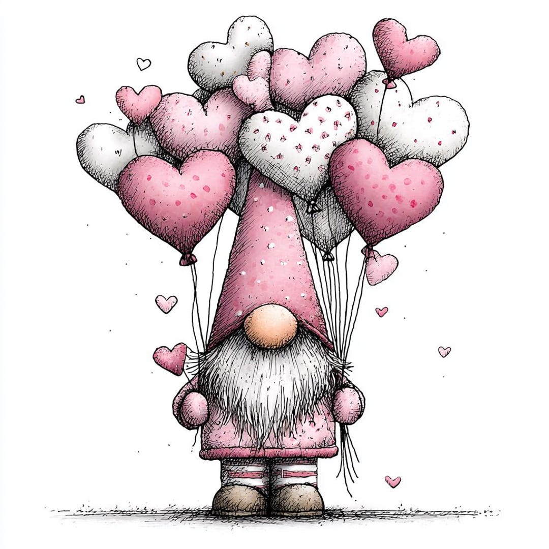 Pink Valentine Gnome CLIPART, Heart Balloon Gnome Art, Romantic Nordic ...