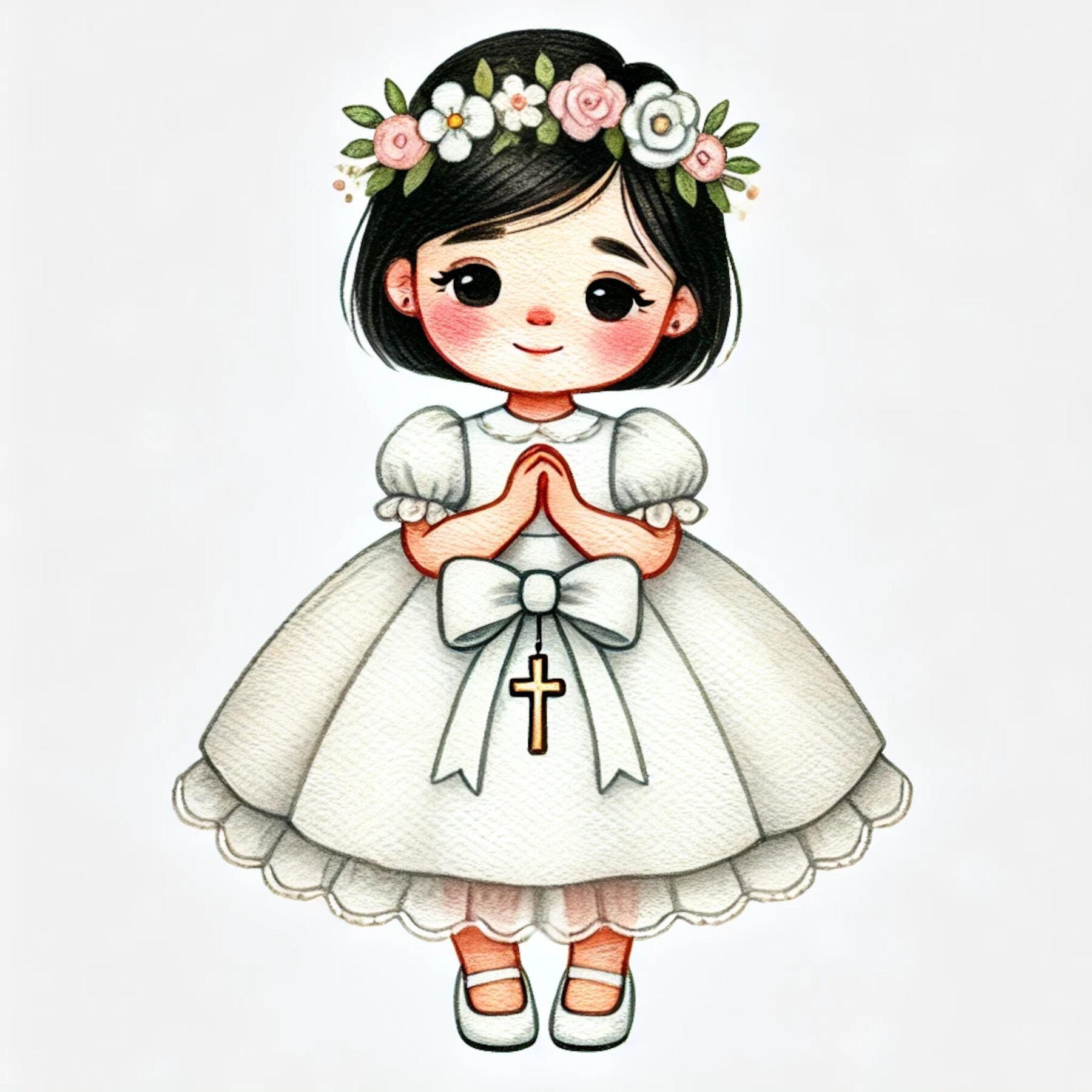First Communion Girl, Watercolor Illustration, Cute and Sweet, Prayer ...