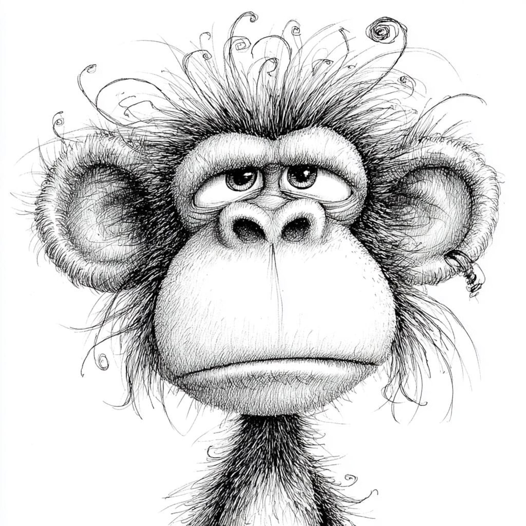 Monkey Portrait CLIPART, Black and White Primate Sketch Set, Quirky ...