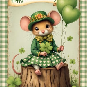 St Patricks Day Mouse, Cute Mouse Clipart, Lucky Clover, Whimsical ...