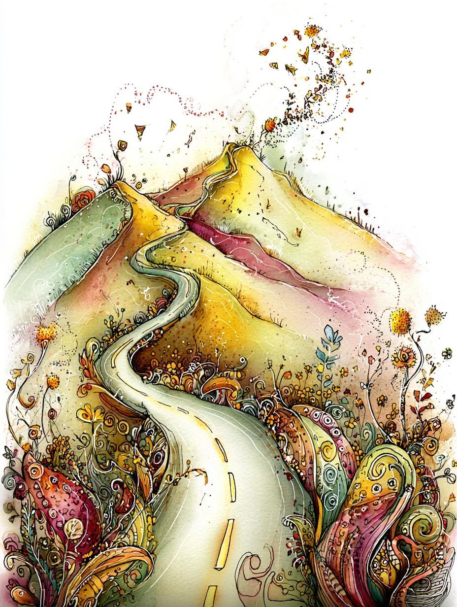 Dream Mountain Road Clipart, Whimsical Landscape Art, Curved Road ...