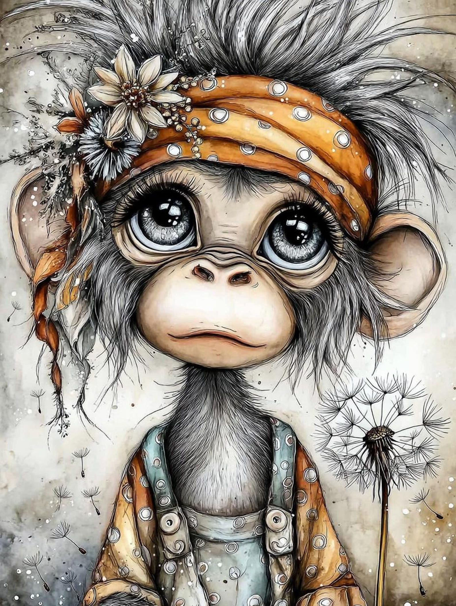 Boho Monkey Clipart, Whimsical Bohemian Animals, Floral Headband Monkey ...