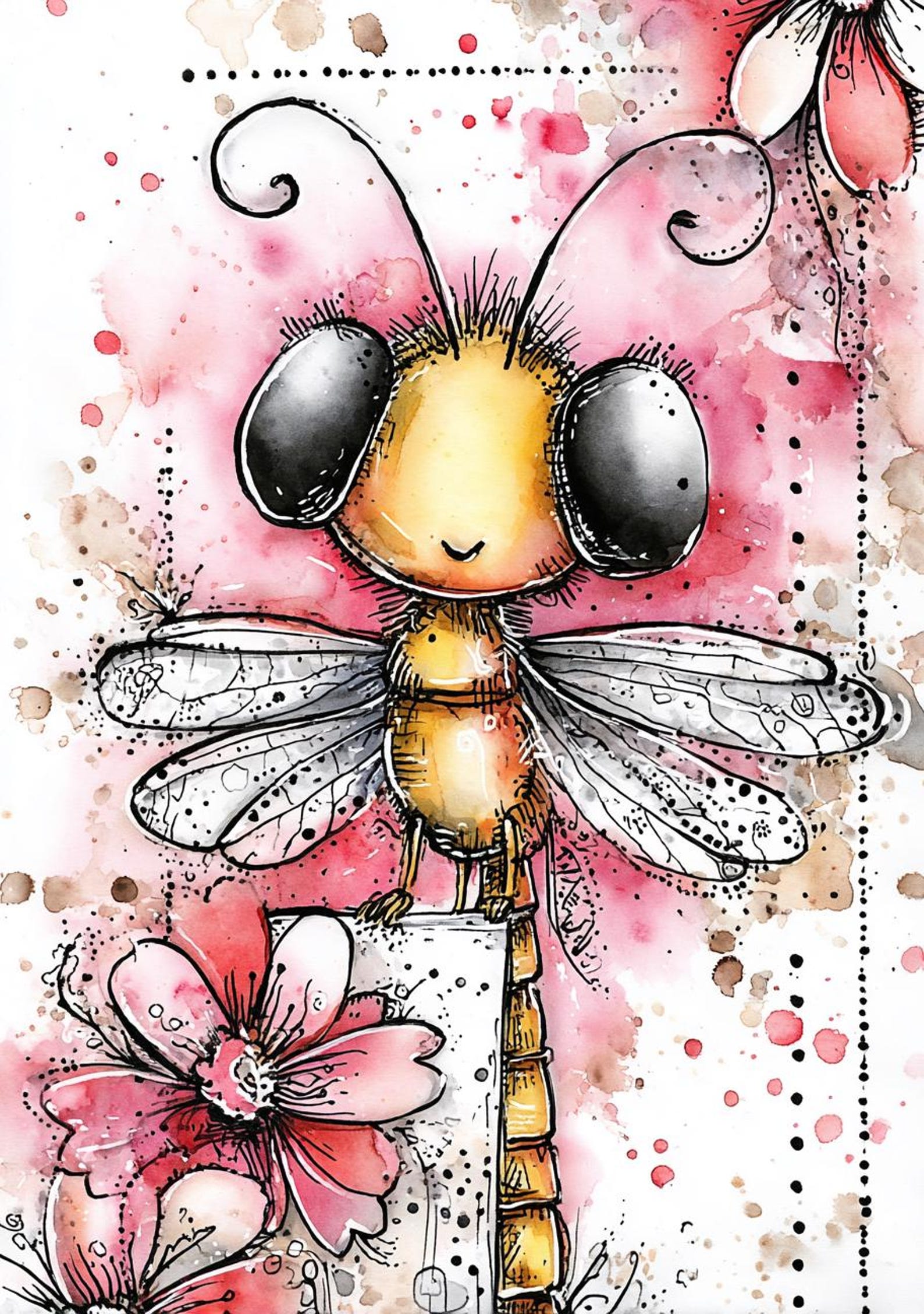 Cute Dragonfly, Floral Insect, Watercolor Bug, Pink Flower Art ...