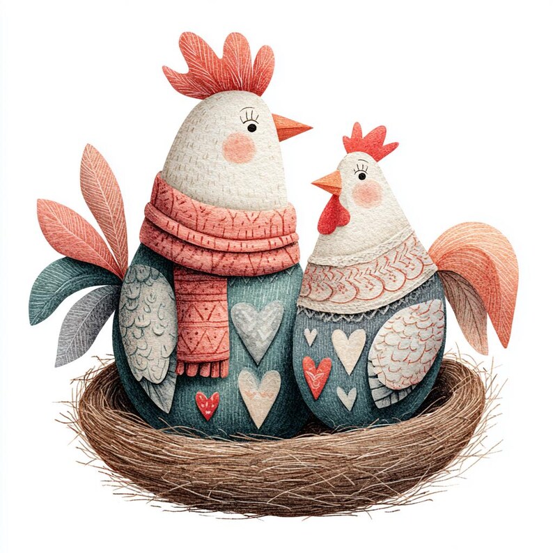 Cozy Chicken Couple CLIPART, Whimsical Folk Hen Pair, Heart Pattern ...