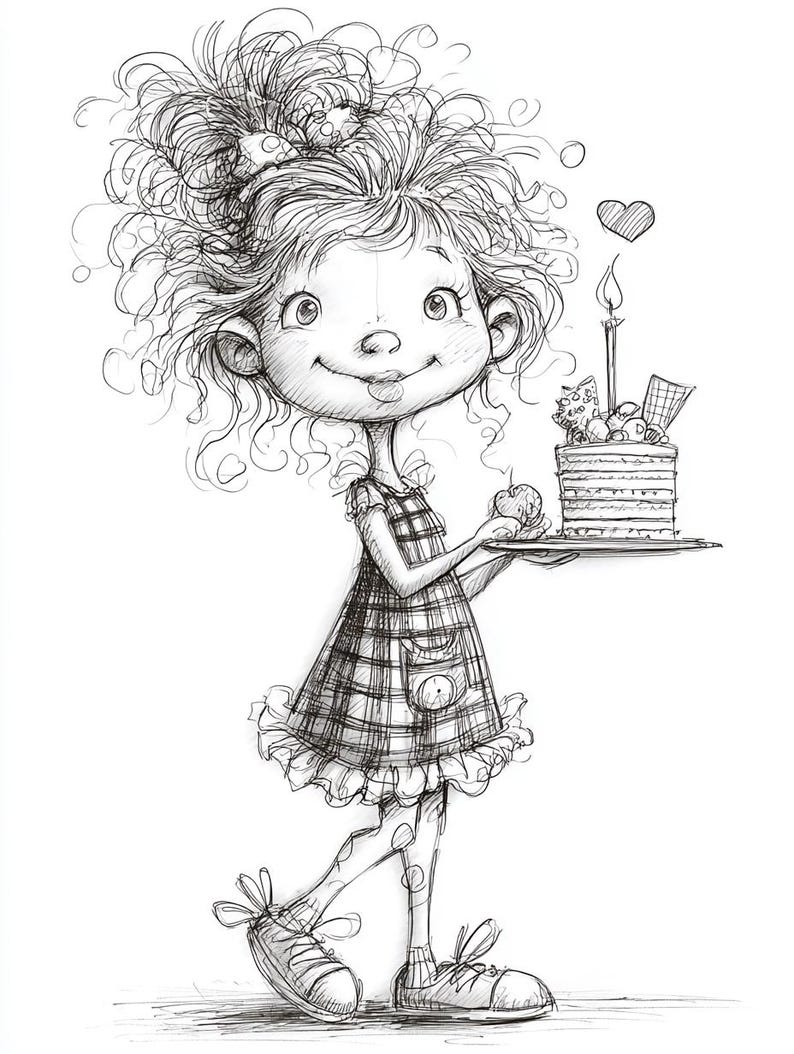 Birthday Girl Sketches, Doodle PNG Set, Whimsical Girl With Cake, Hand ...